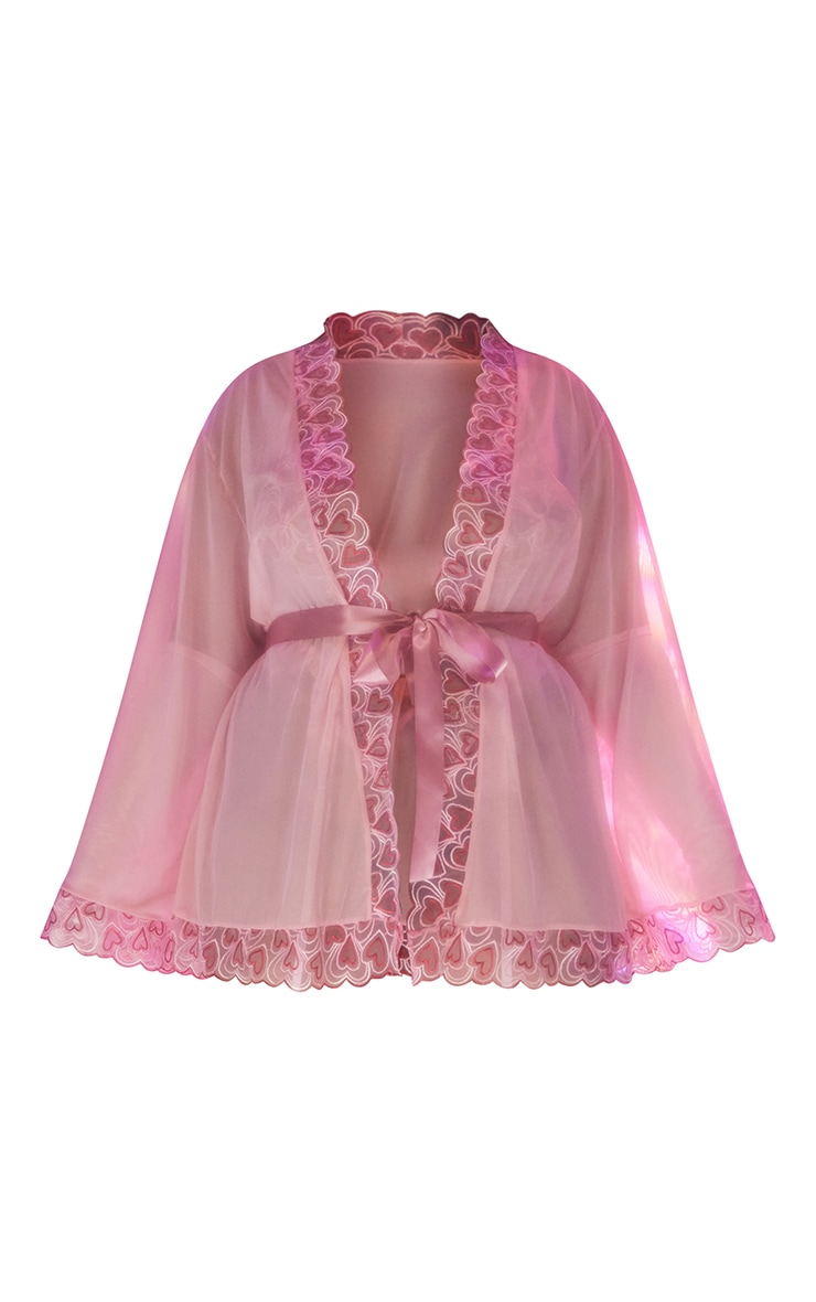 Plus Baby Pink Heart Embroidered Lace Trim Robe | PrettyLittleThing USA