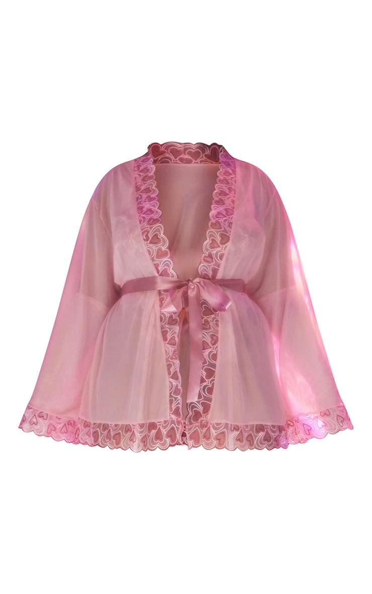 Plus Baby Pink Heart Embroidered Lace Trim Robe | Plus Size ...