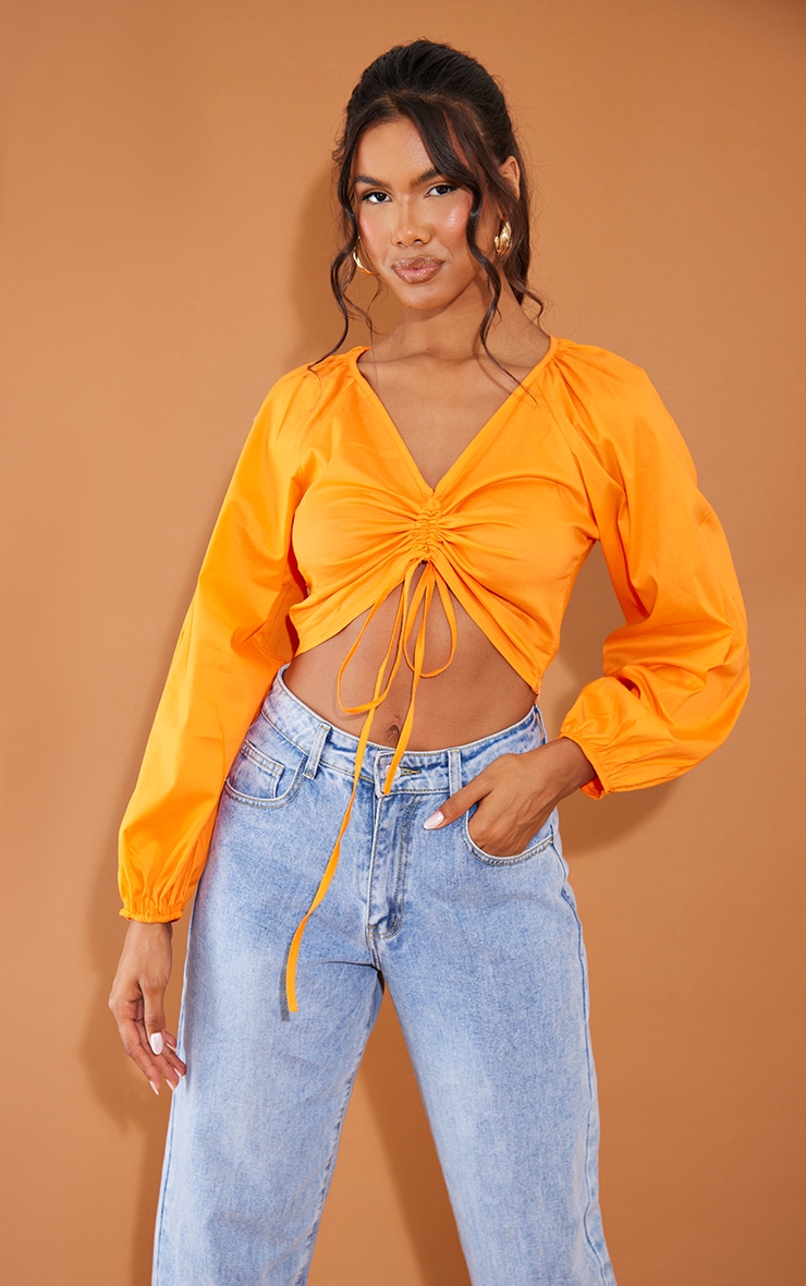 Orange Ruched Front Linen Top | Tops | PLT USA