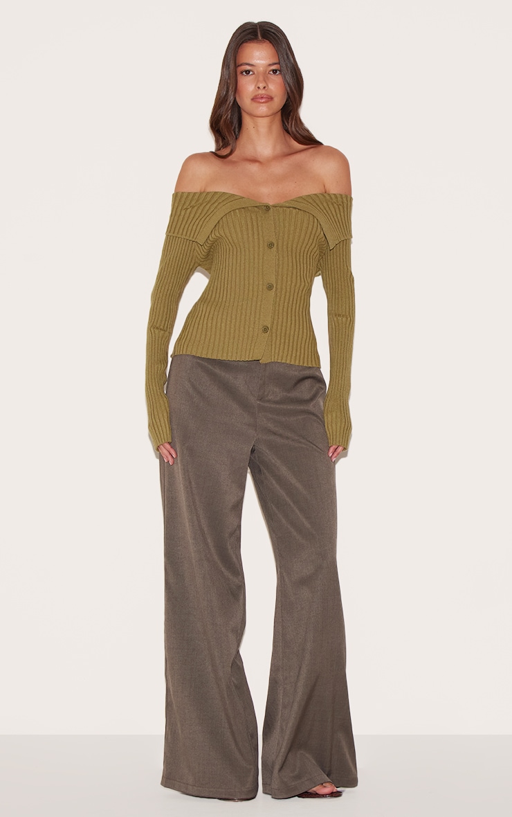 Olive Rib Knit Fold Over Button Up Top | Knitwear | PLT USA