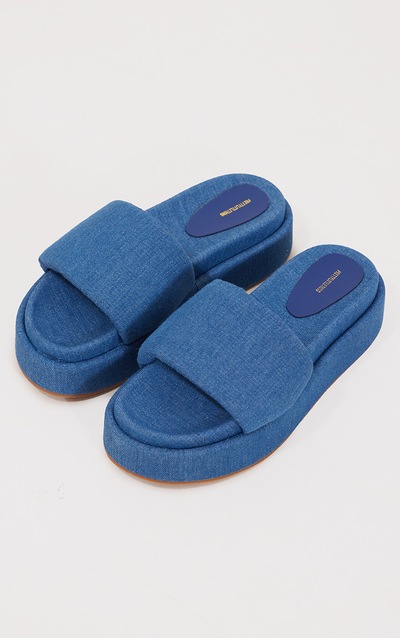 Denim Chunky Double Sole Platform Sliders | Footwear | PLT