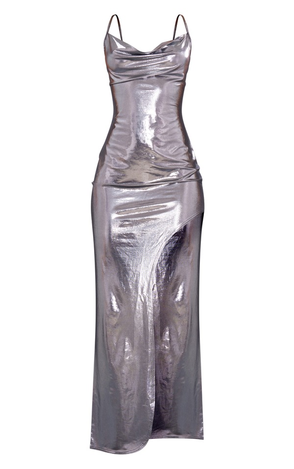 Silver Metallic Slinky Cowl Neck Slit Maxi Dress | Dresses ...