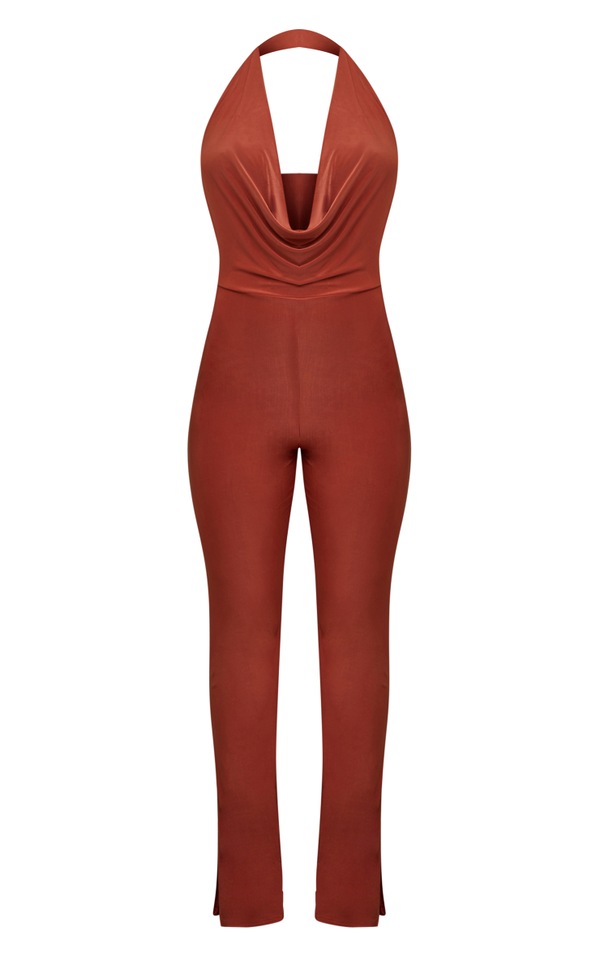 Rust Extreme Cowl Halterneck Flared Jumpsuit | Dresses | PLT