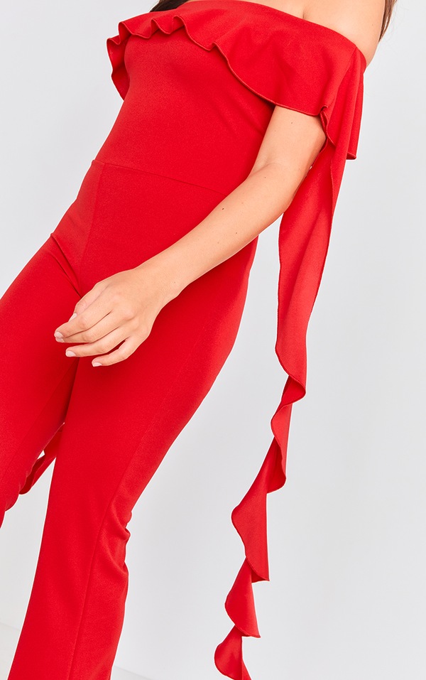 Red Off Shoulder Ruffle Detail Jumpsuit | Dresses | PLT USA