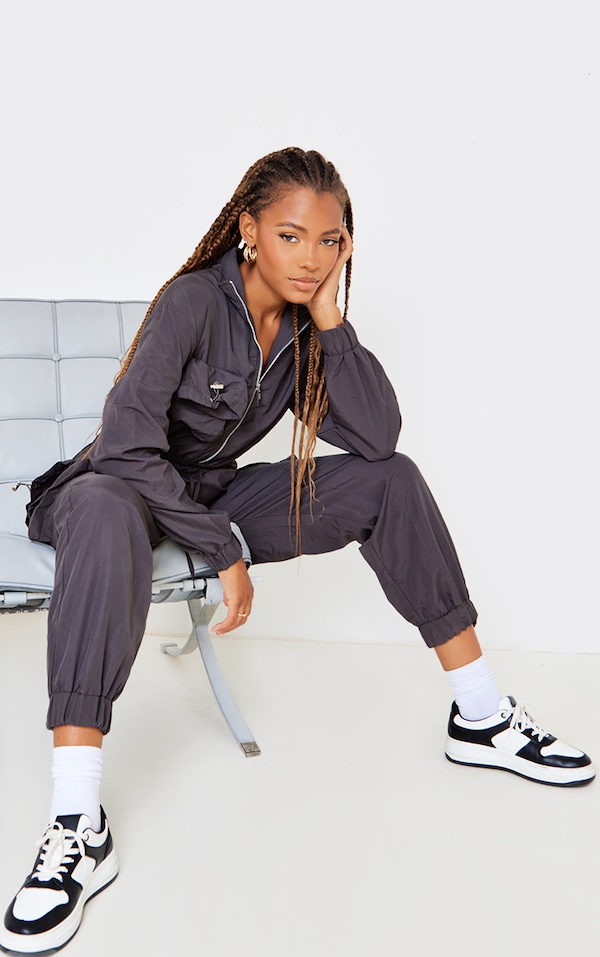 Charcoal Long Sleeve Pocket Utility Jumpsuit | Dresses | PLT