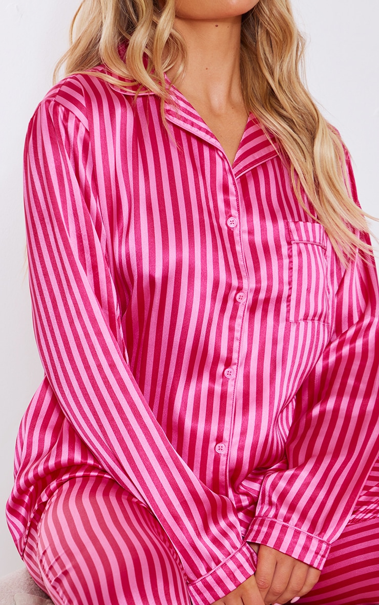 Hot Pink Stripe Print Satin Long PJ Set | Lingerie & Nightwear | PLT