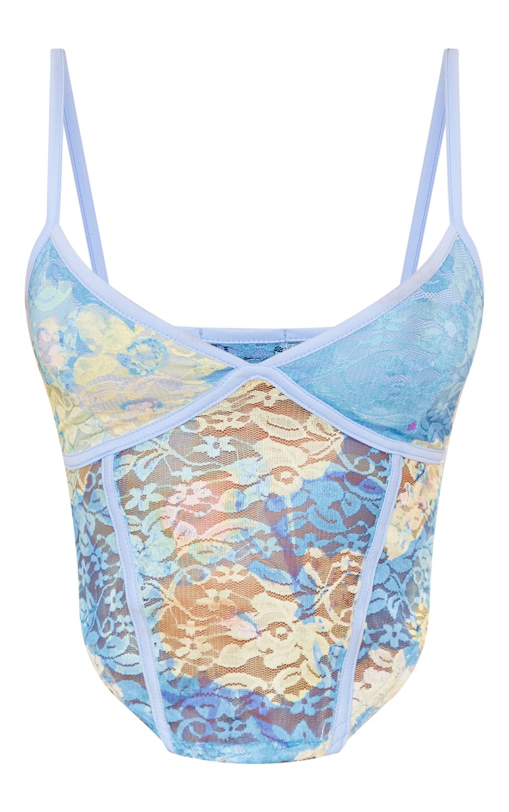 Blue Floral Print Binded Detail Lace Long Top | PrettyLittleThing