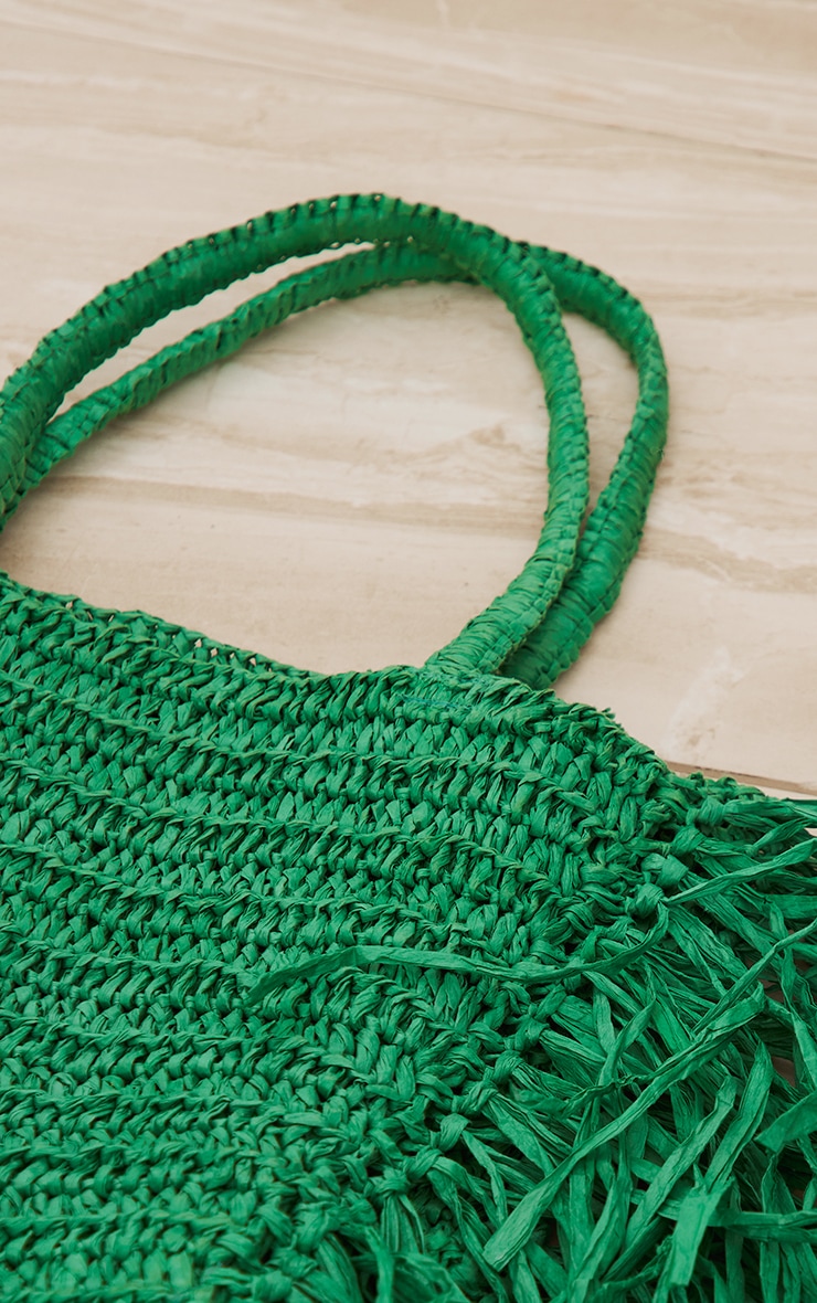 Sac de plage en raphia vert à ourlet en paille frangé ...