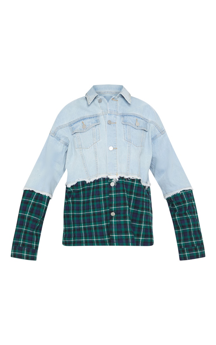 Light Wash Contrast Check Denim Jacket | Denim | PrettyLittleThing