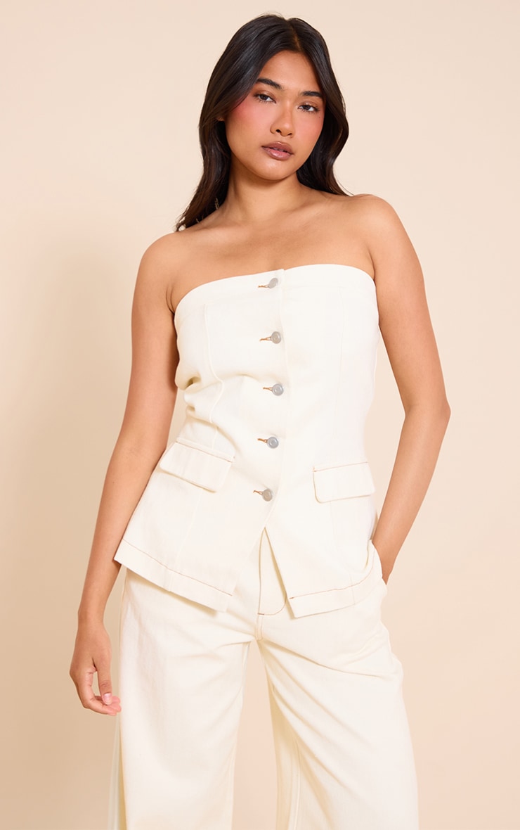 Ecru Strapless Button Down Denim Top | Denim | PLT