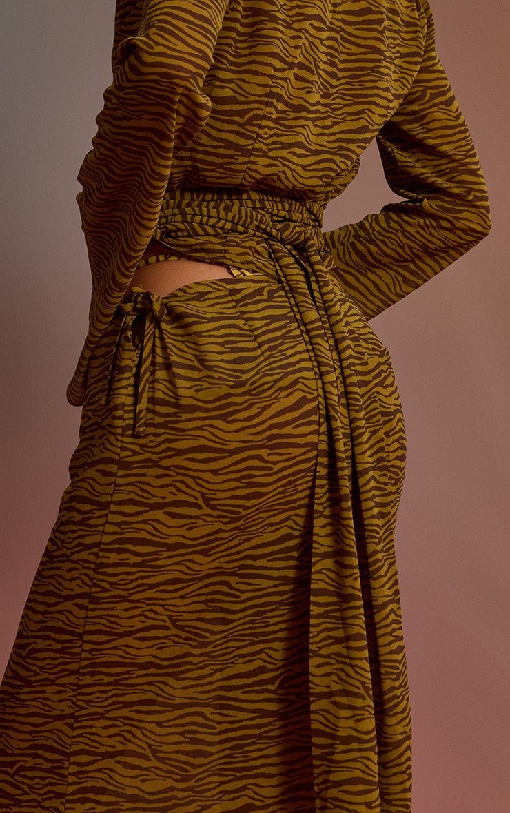 Olive Zebra Printed Chiffon Wrap Waist Beach Top | Swimwear | PLT