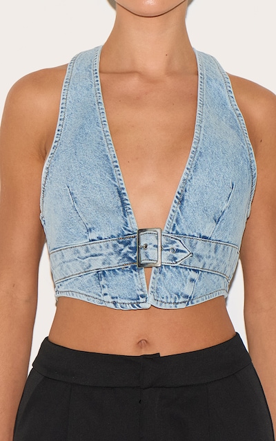 Light Blue Wash Buckle Front Denim Halterneck Top | Denim | PLT