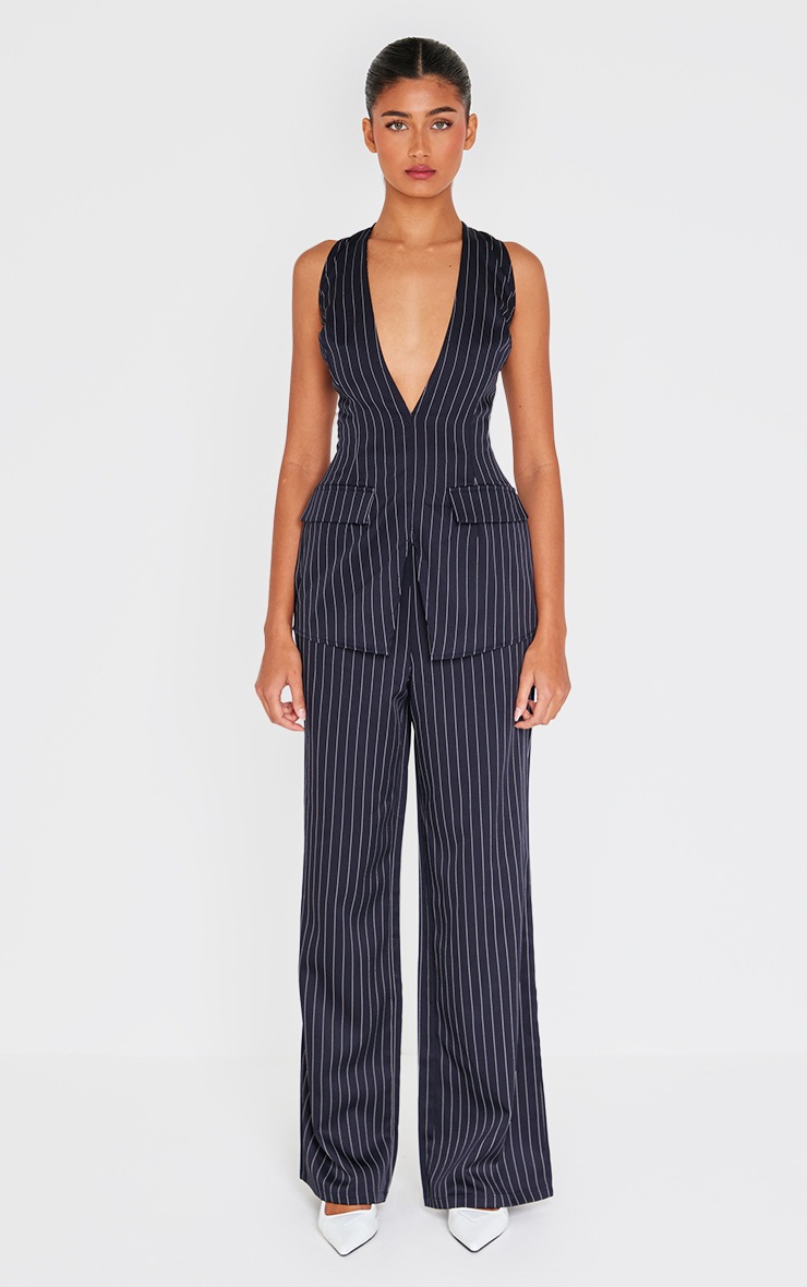 Navy Pinstripe Structured Vest Jumpsuit | Dresses | PrettyLittleThing USA