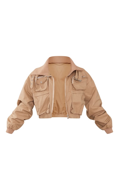 Beige Rib Collar Utility Cropped Bomber Jacket | Outerwear ...