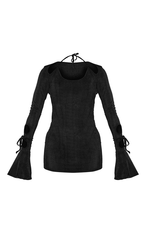 Black Multi Cut Out Tie Flare Sleeve Bodycon Dress | Dresses | PLT