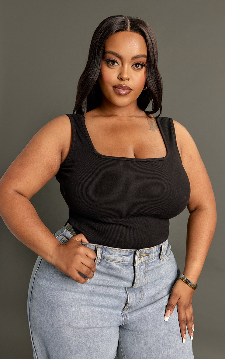 Plus Black Basic Rib Scoop Neck Bodysuit | Plus Size | PLT USA