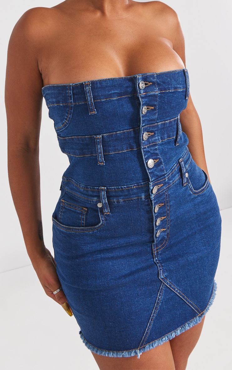 Shape Dark Blue Denim Button Front Bandeau Dress | Shape | PLT USA