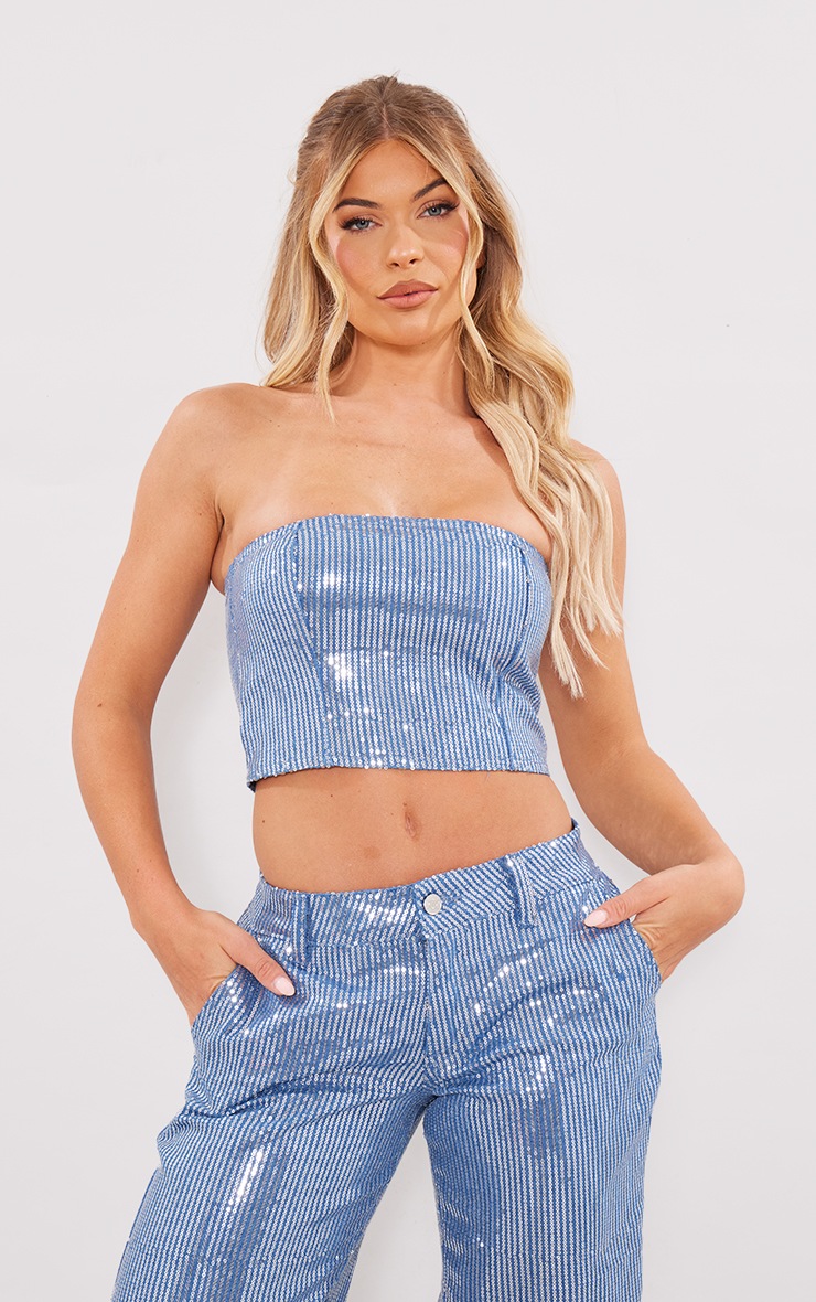 Light Blue Wash Sequin Bandeau Top | Denim | PrettyLittleThing