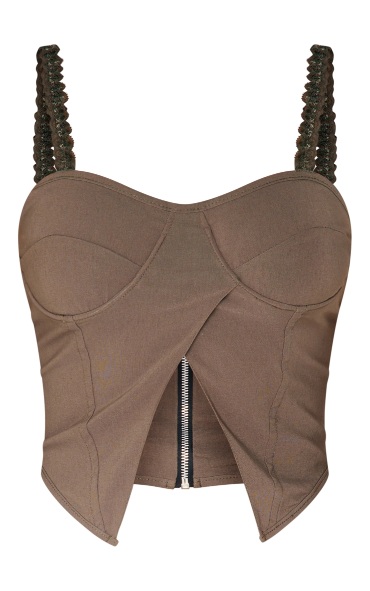 Khaki Stretch Woven Split Hem Lace Strap Top | PrettyLittleThing