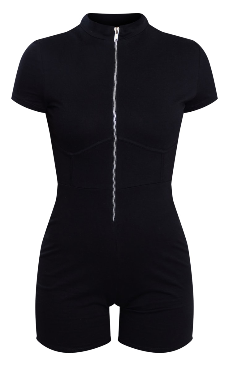 Black Cotton Binding Zip Up Short Sleeve Unitard | PrettyLittleThing