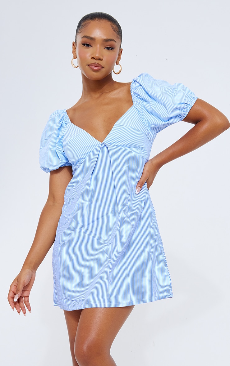 Blue Stripe Puff Sleeve Shift Dress | Dresses | PLT