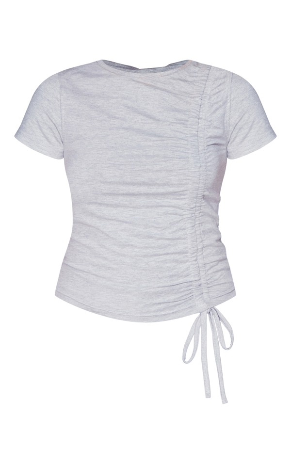 Grey Asymmetric Ruched Drawstring T Shirt | Tops | Prettylittlething