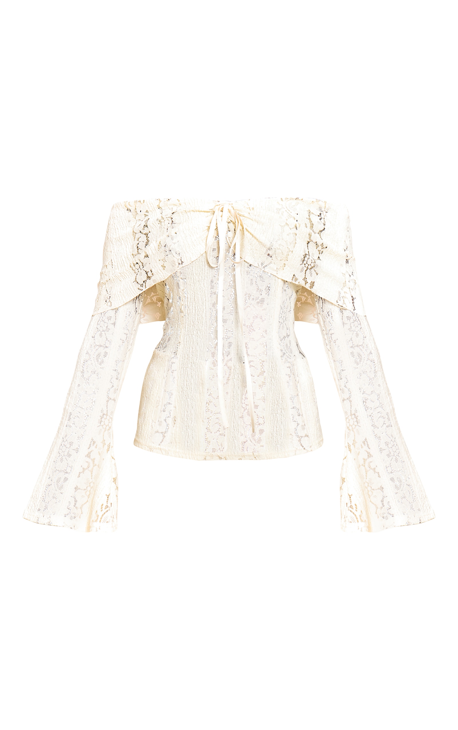 Lemon Fitted Lace Flared Sleeve Bardot Top | Tops | PLT USA