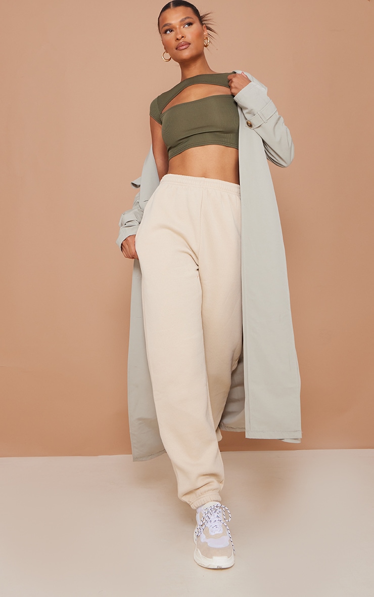 Khaki Rib Cut Out Short Sleeve Crop Top | PrettyLittleThing USA