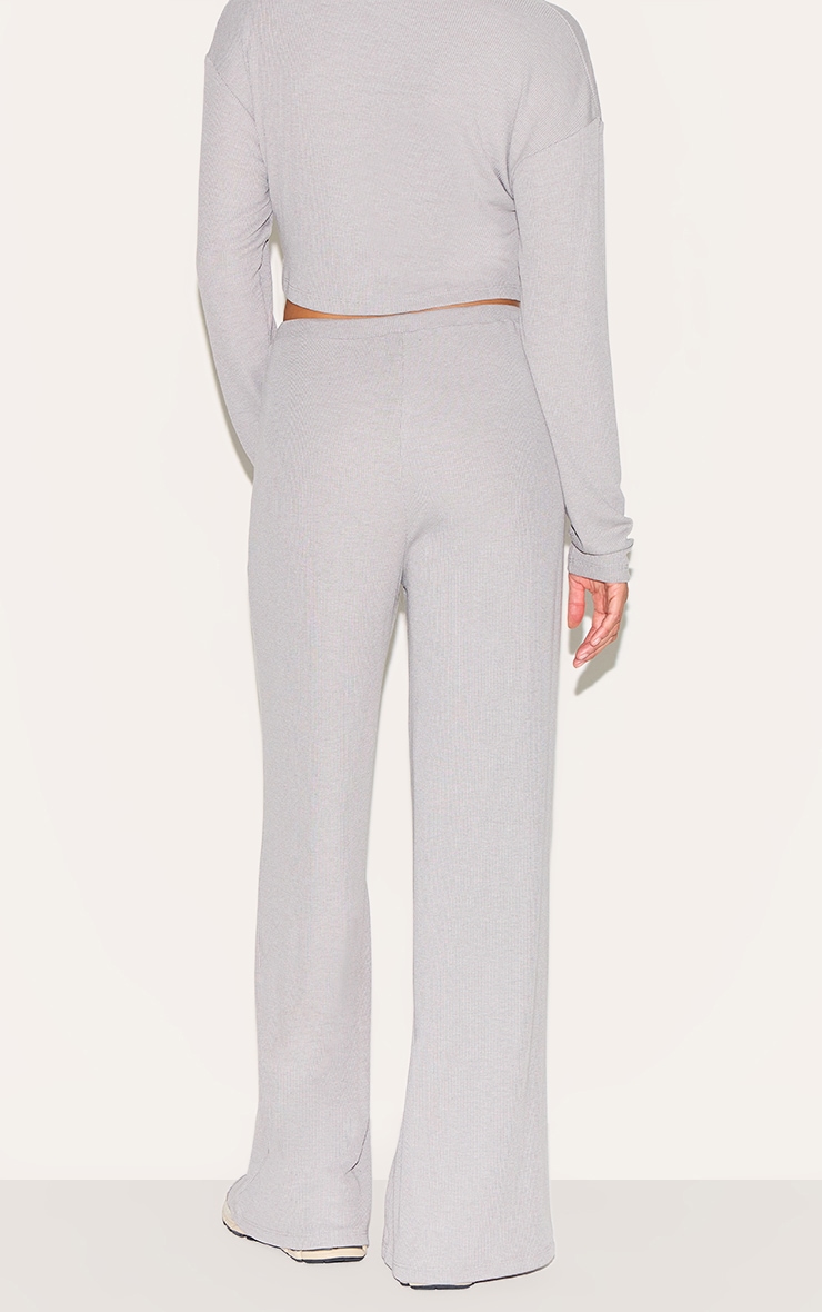 Petite Ash Grey Soft Ribbed Wide Leg Trousers | Petite | PLT