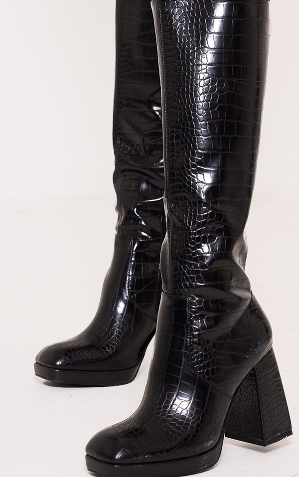 Black Wide Fit Croc Slight Platform Block Heel Knee High Boots ...
