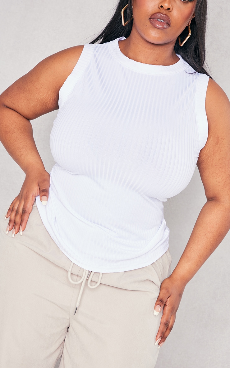 Plus White Rib Racer Neck Long Top | Plus Size | PLT IRE