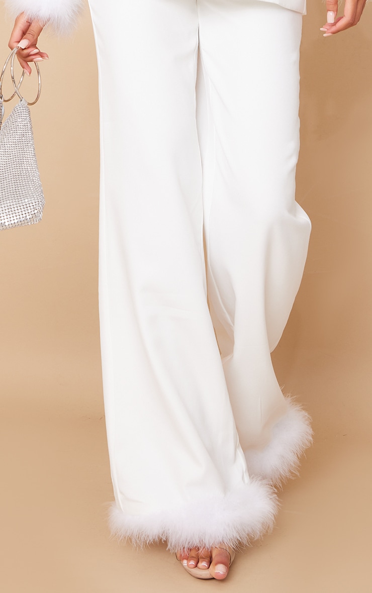 Tall White Feather Cuff Wide Leg Trousers | PrettyLittleThing