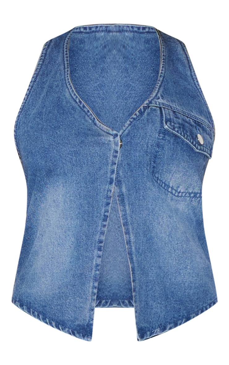 Mid Blue Halterneck Denim Vest | Denim | PrettyLittleThing USA