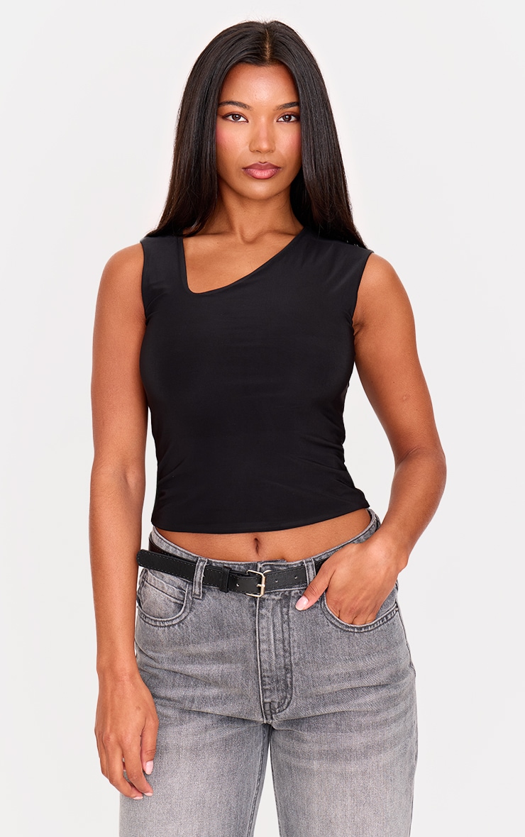 Black Slinky Asymmetric Detail Longline Vest Top | Tops ...