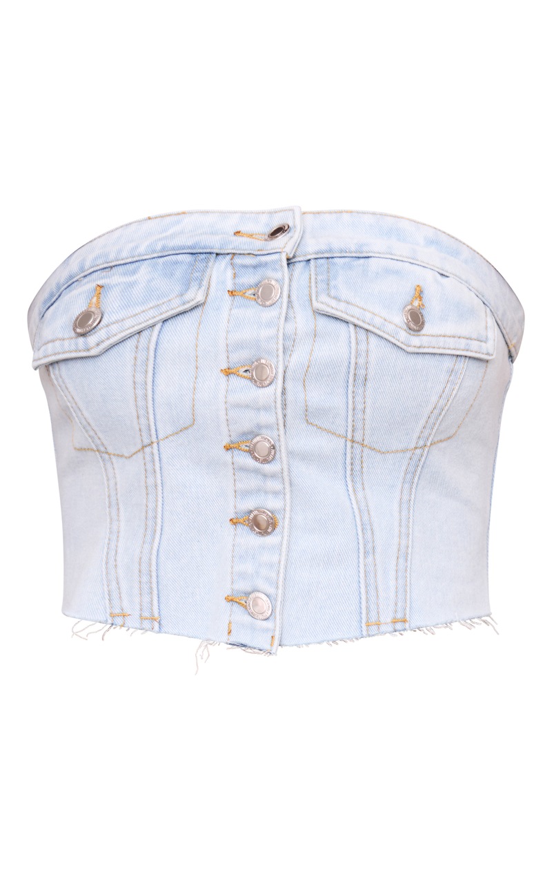Light Blue Wash Pocket Cropped Denim Corset Top | Denim ...