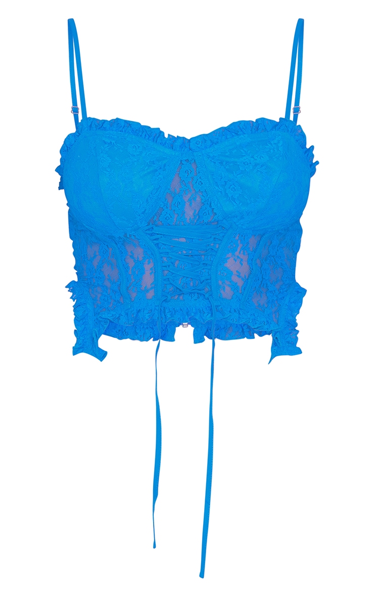 Bright Blue Lace Tie Up Corset | Tops | PrettyLittleThing