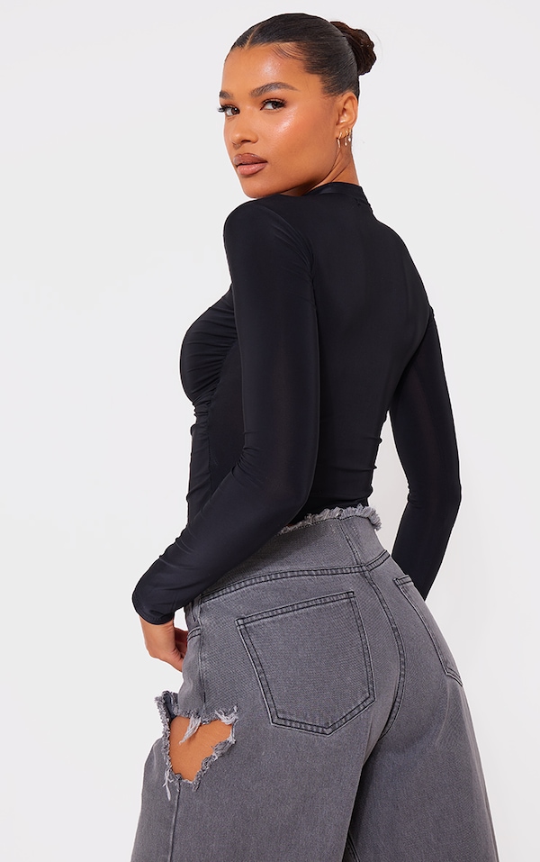 Black Slinky Ruched Side High Neck Long Top | Tops | PLT