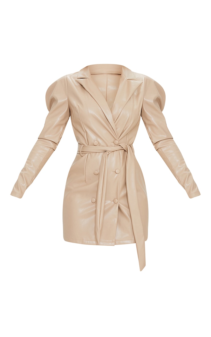 Taupe Pu Tie Waist Cut Out Back Blazer Dress | PrettyLittleThing CA