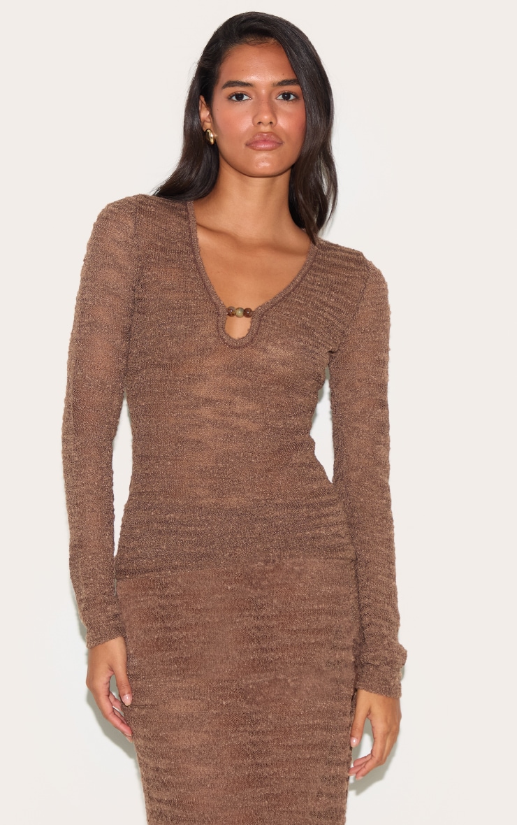 Chocolate Bobble Crochet Beaded Keyhole Cut Out Top | Knitwear | PLT