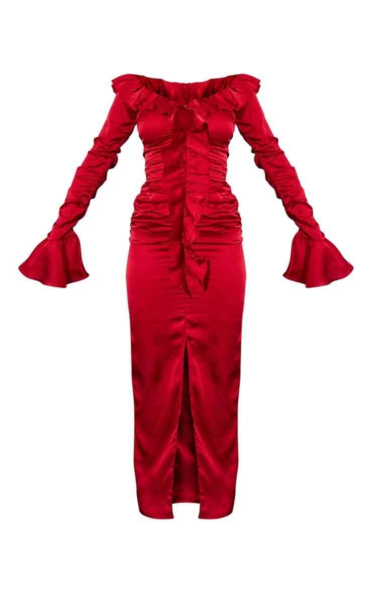 Red Ruffle Detail Ruched Long Sleeve Maxi Dress | PrettyLittleThing