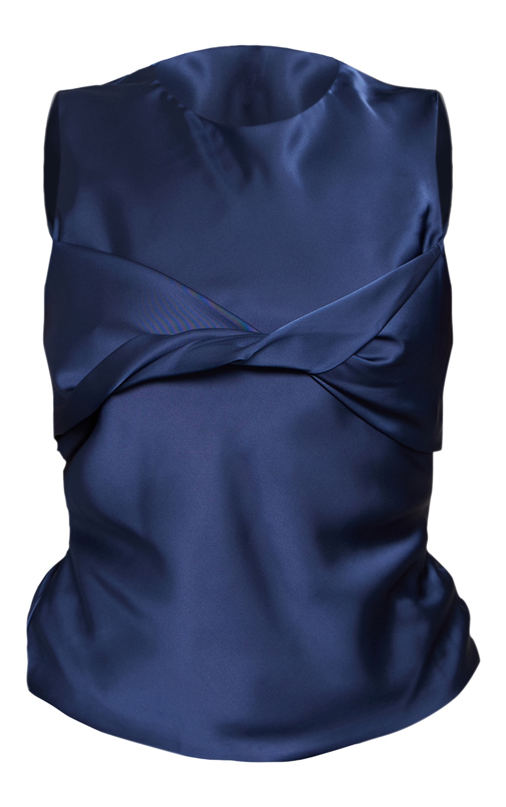 Navy Satin Overlay Twist Detail Long Top | Tops | PLT