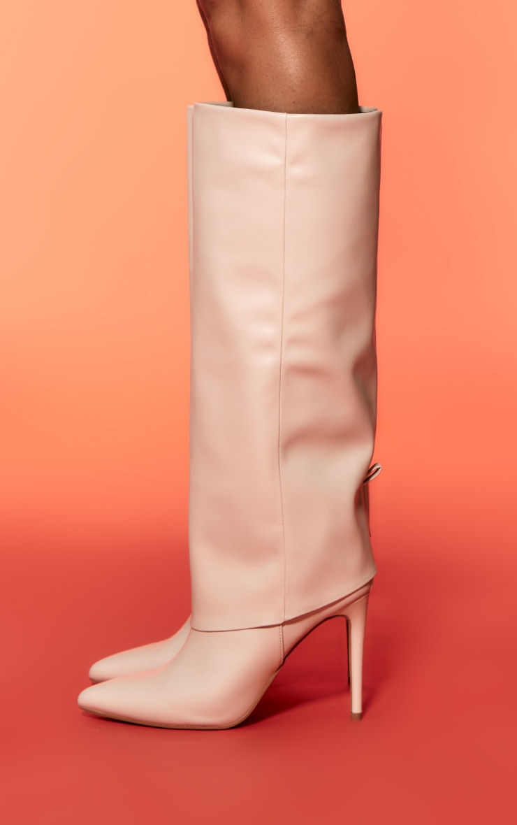 Cream Fold Over High Heeled Calf High Boots | Footwear ...