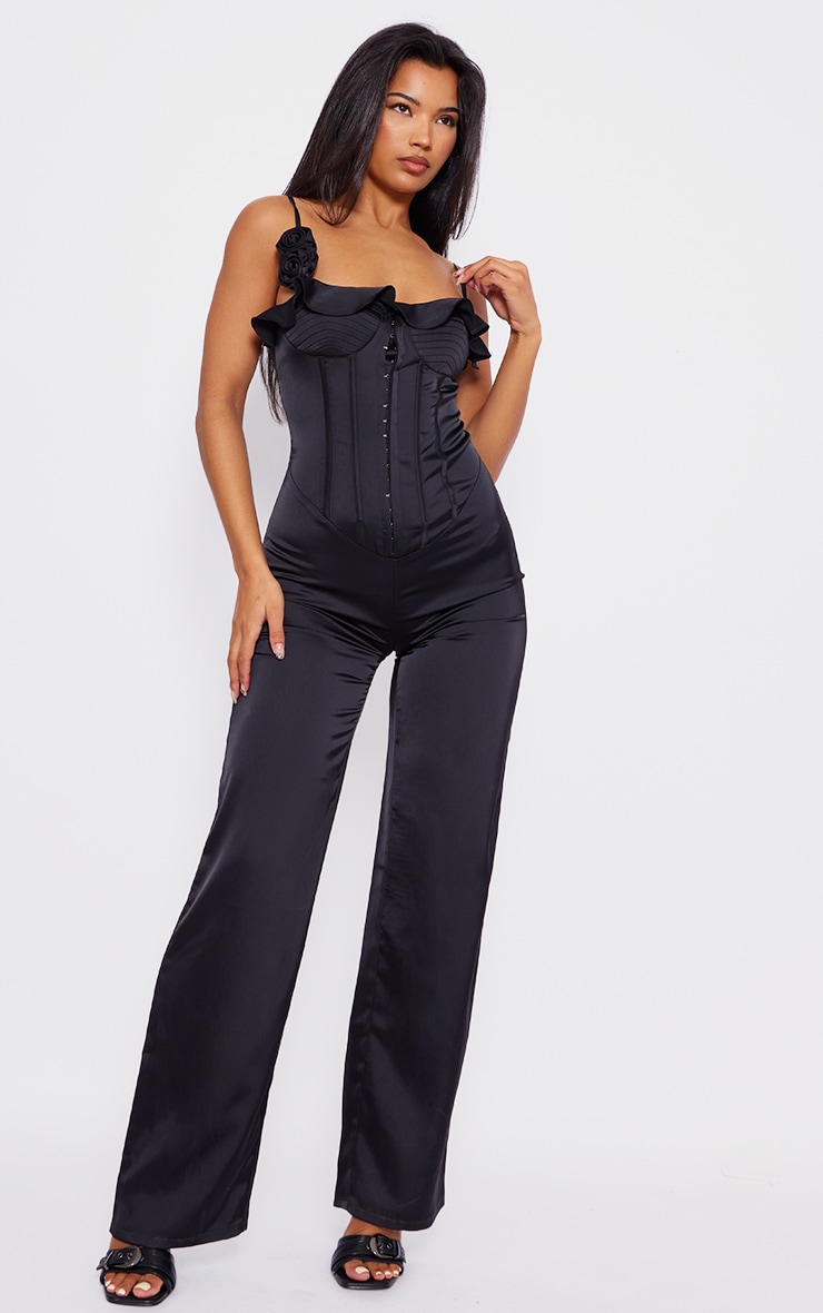 Black Satin Corsage Corset Strappy Jumpsuit | Jumpsuits & Rompers ...