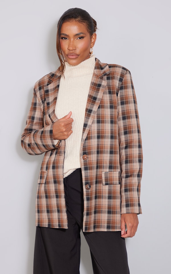 Brown Check Single Breasted Pocket Detail Blazer | Outerwear | PLT