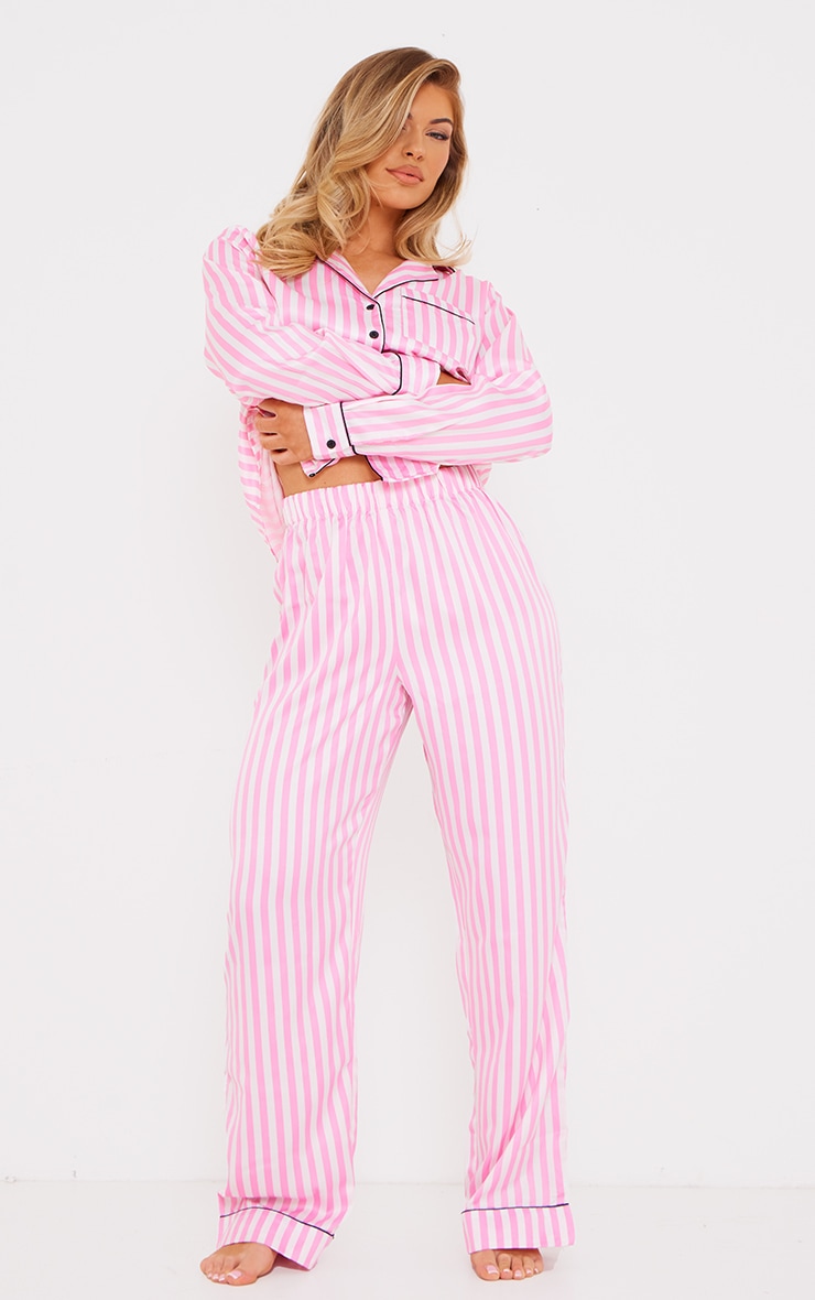 Baby Pink Stripe Contrast Piping Satin Long PJ Set | Lingerie ...