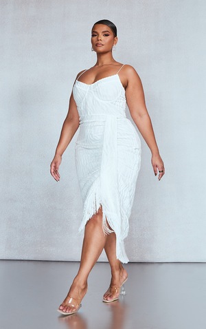 Plus White Devore Tassel Underwired Draped Dress | Plus Size ...