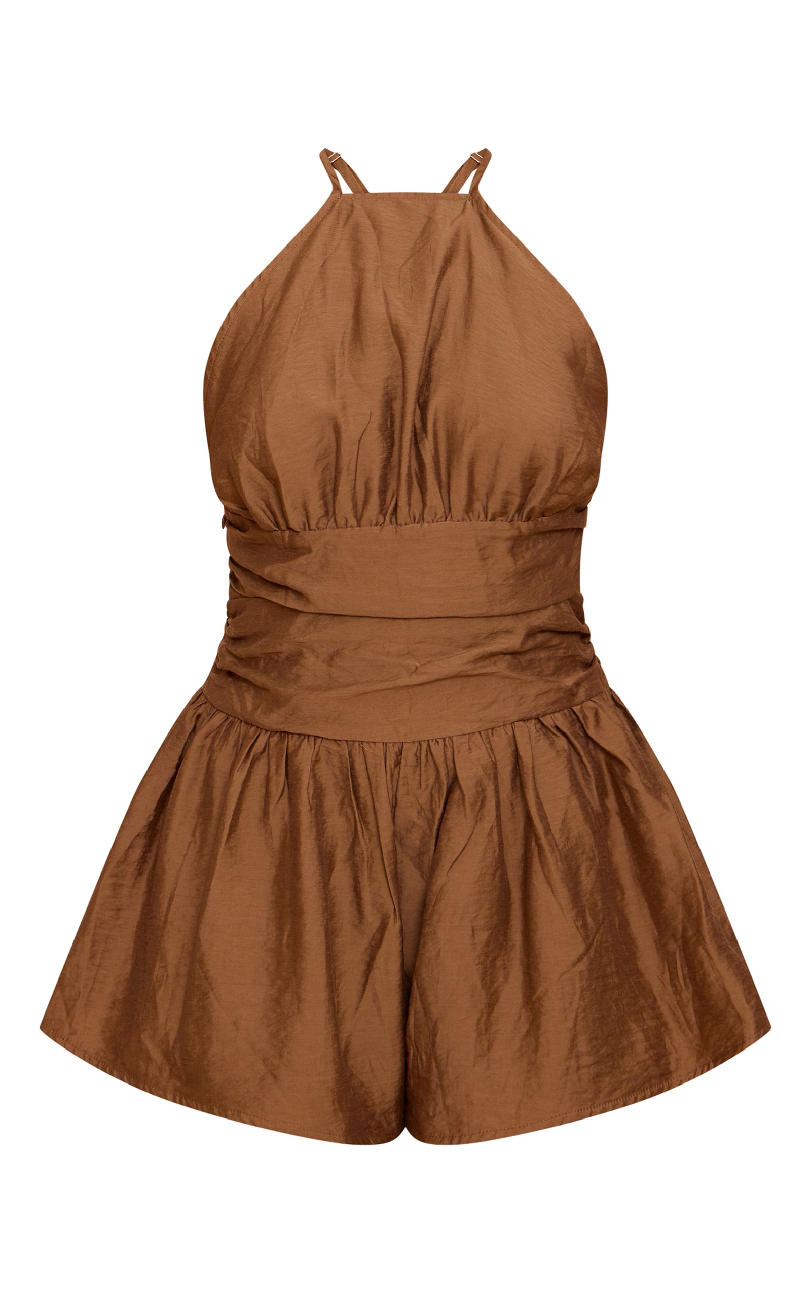 Chocolate Woven Halter Neck Romper | Dresses | PrettyLittleThing USA