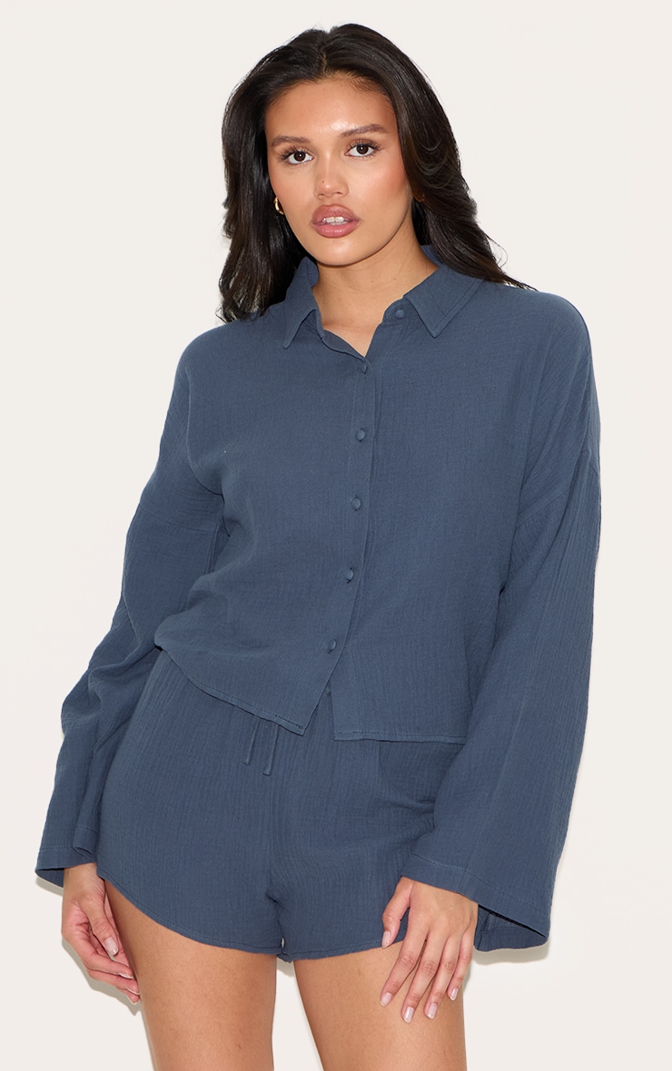 Dark Blue Oversized Button Up Shirt | Co-ords | PLT USA