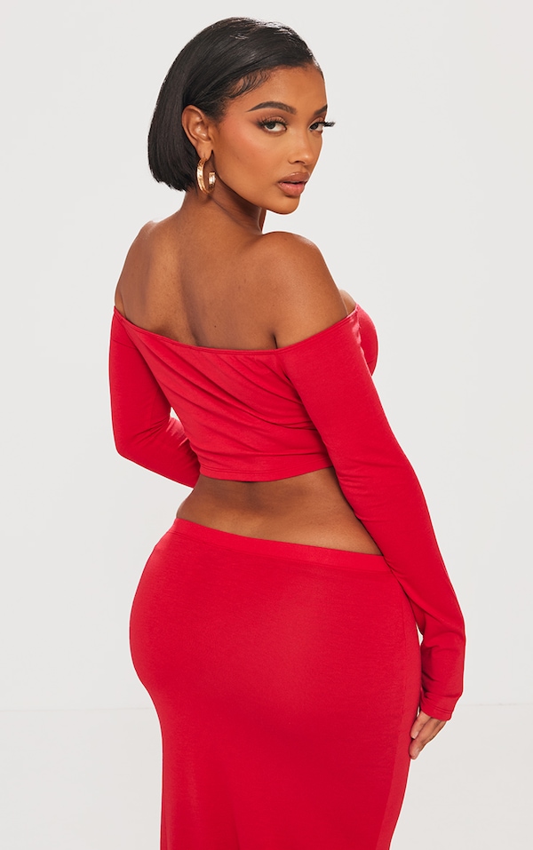 Shape Red Contour Jersey Bardot Long Sleeve Top | Shape | PLT