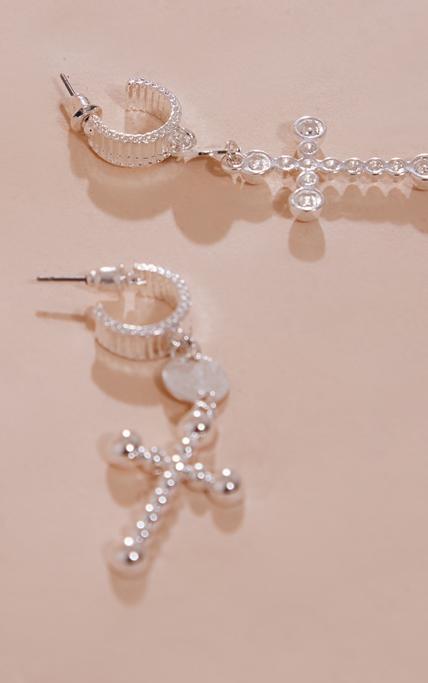 Silver Sphere Cross Statement Earrings | PrettyLittleThing USA